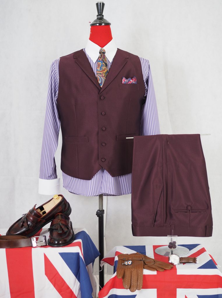 Burgundy 3 Piece Mod Suit - Bespoke 3 Button Tonic Wedding Suit
